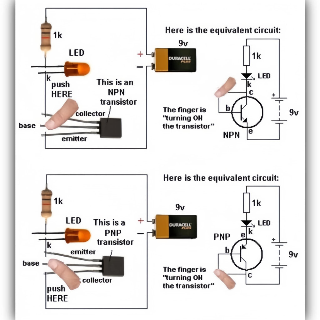 Use your finger to trigger the NPN and PNP transistors to light the LE ...